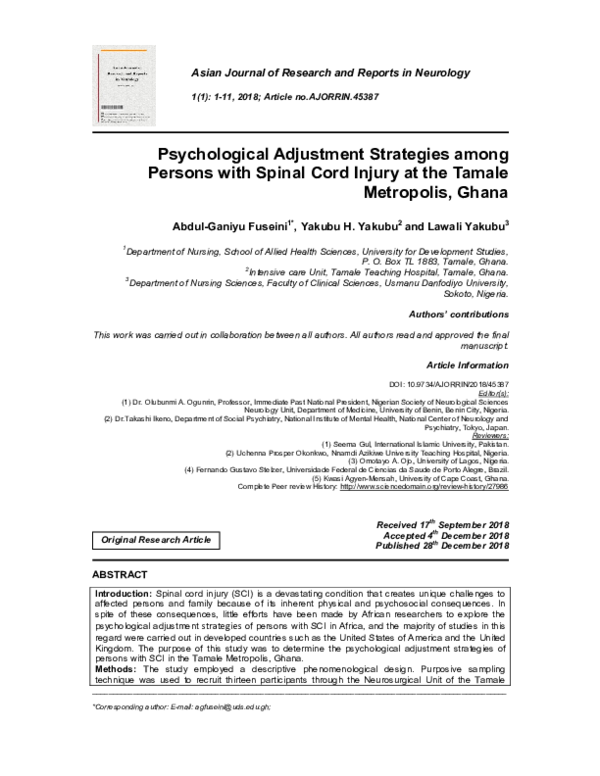 (PDF) Psychological Adjustment Strategies among Persons with Spinal Cord Injury at the Tamale ...