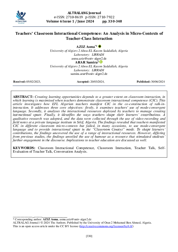(PDF) Teachers' Classroom Interactional Competence: An Analysis in Micro-Contexts of Teacher ...