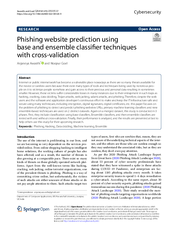 (PDF) Phishing website prediction using base and ensemble classifier techniques with cross ...