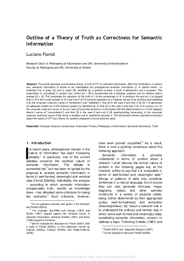 (PDF) Outline of a Theory of Truth as Correctness for Semantic Information