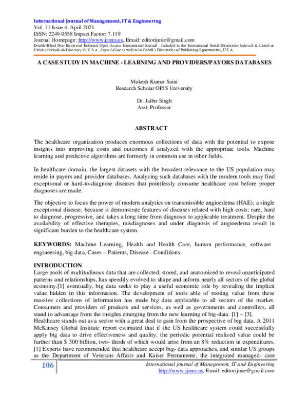 (PDF) A CASE STUDY IN MACHINE - LEARNING AND PROVIDERS/PAYORS DATABASES