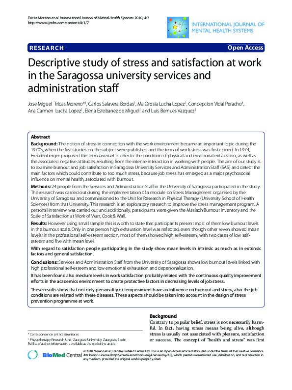 (PDF) Descriptive study of stress and satisfaction at work in the ...