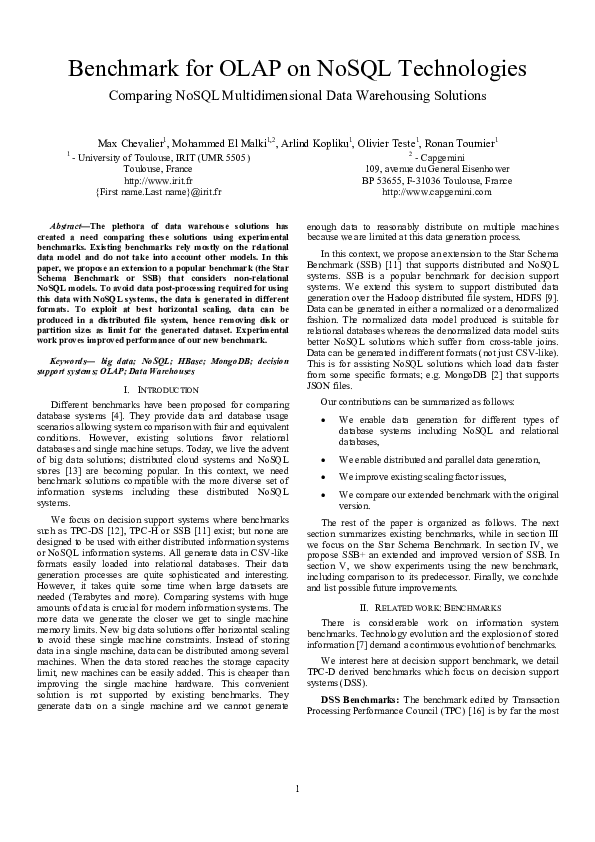 (PDF) Benchmark for OLAP on NoSQL technologies comparing NoSQL multidimensional data warehousing ...