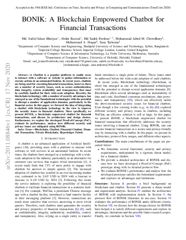(PDF) BONIK: A Blockchain Empowered Chatbot for Financial Transactions