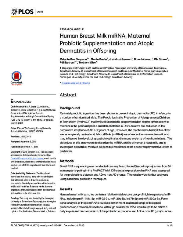 (PDF) Human Breast Milk miRNA, Maternal Probiotic Supplementation and ...
