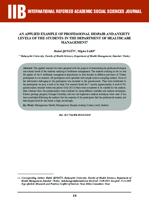 (PDF) An Applied Example of Professional Despair and Anxiety Levels of ...