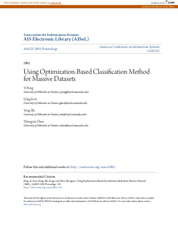 (PDF) Using Optimization-Based Classification Method for Massive Datasets