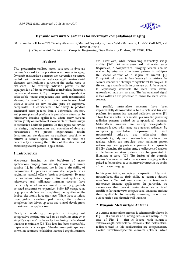 (PDF) Dynamic metasurface antennas for microwave computational imaging