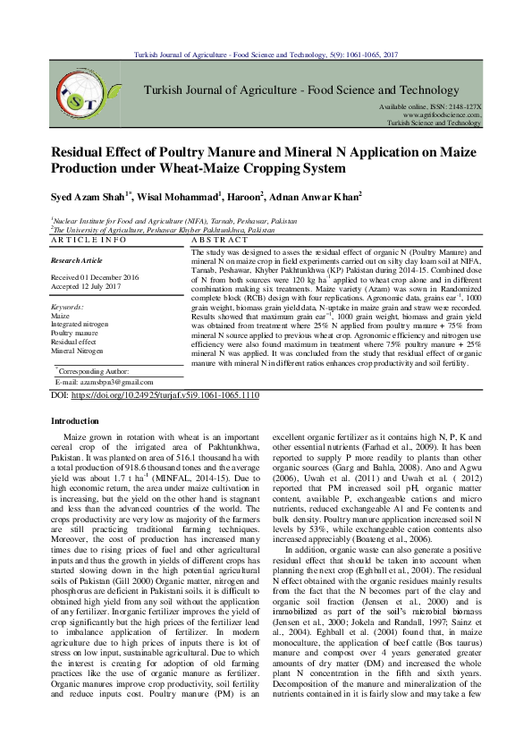 (PDF) Residual Effect of Poultry Manure and Mineral N Application on Maize Production under ...
