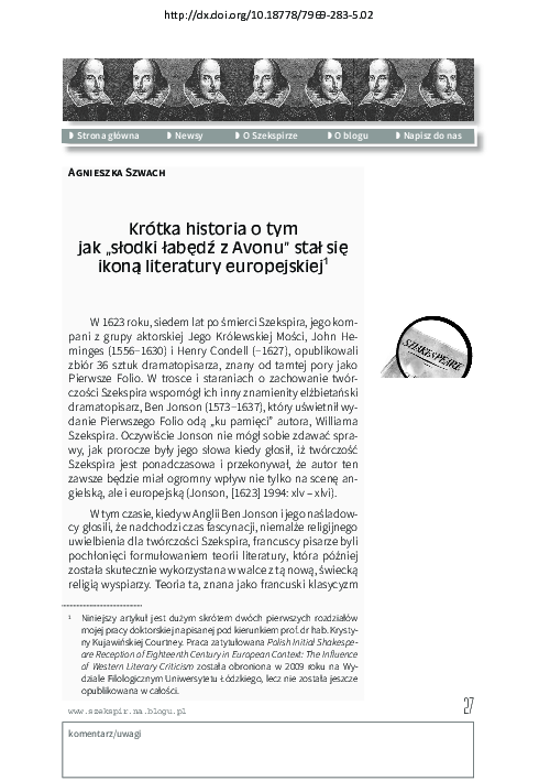 (PDF) Krótka historia o tym jak „słodki łabędź z Avonu” stał się ikoną literatury europejskiej ...
