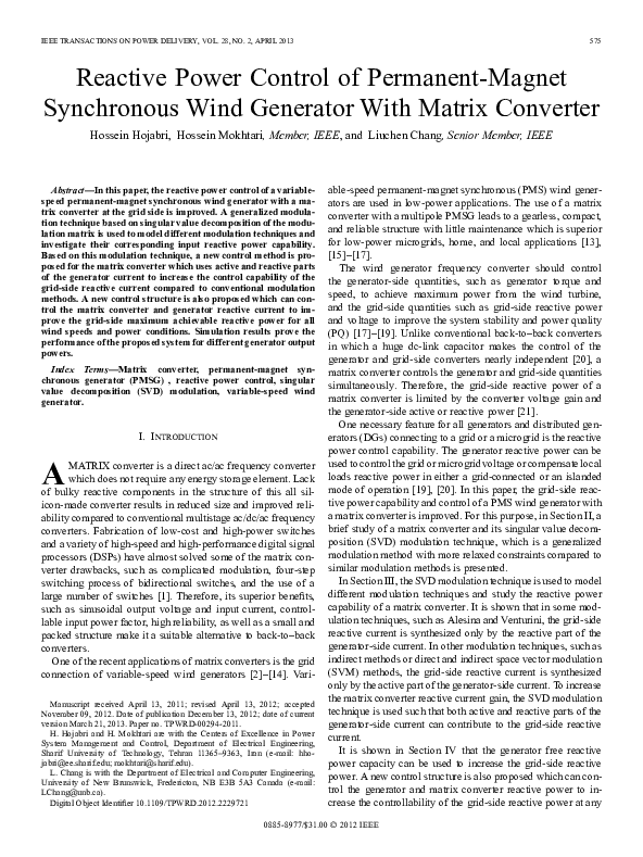 (PDF) Reactive Power Control of Permanent-Magnet Synchronous Wind Generator With Matrix Converter