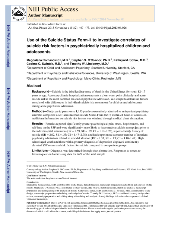 (PDF) Use of the Suicide Status Form-II to investigate correlates of ...
