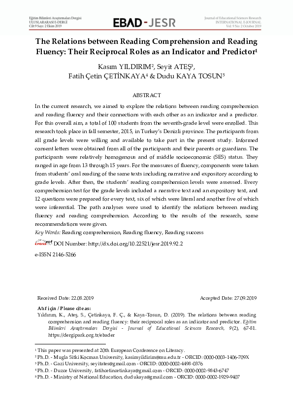 (PDF) The Relations between Reading Comprehension and Reading Fluency: Their Reciprocal Roles as ...