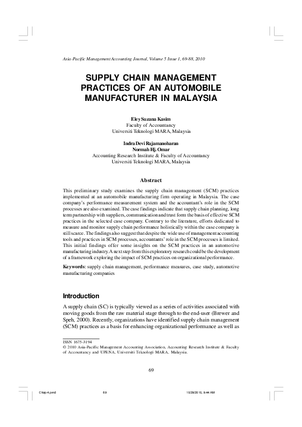(PDF) Supply Chain Management Practices of an Automobile Manufacturer in Malaysia