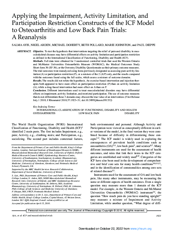 (PDF) Applying the Impairment, Activity Limitation, and Participation ...