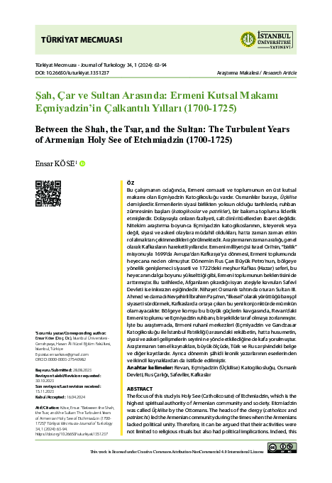 (PDF) Şah, Çar ve Sultan Arasında: Ermeni Kutsal Makamı Eçmiyadzin'in ...