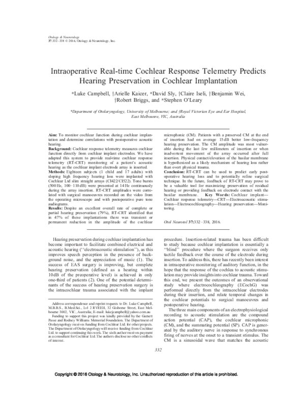 (PDF) Intraoperative Real-time Cochlear Response Telemetry Predicts ...