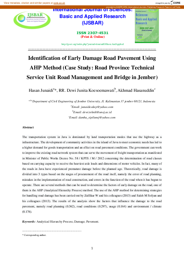 (PDF) Identification of Early Damage Road Pavement Using AHP Method ...