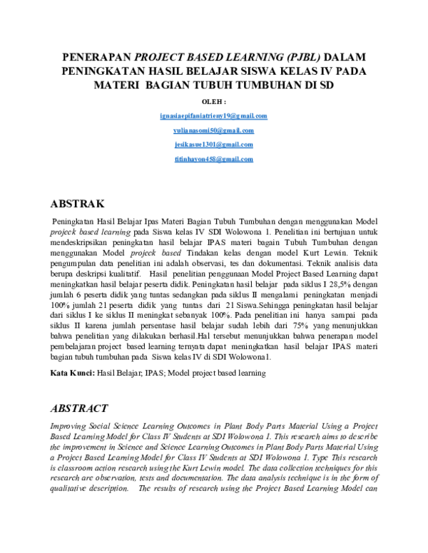 (PDF) PENERAPAN PROJECT BASED LEARNING (PJBL) DALAM PENINGKATAN HASIL BELAJAR SISWA KELAS IV ...