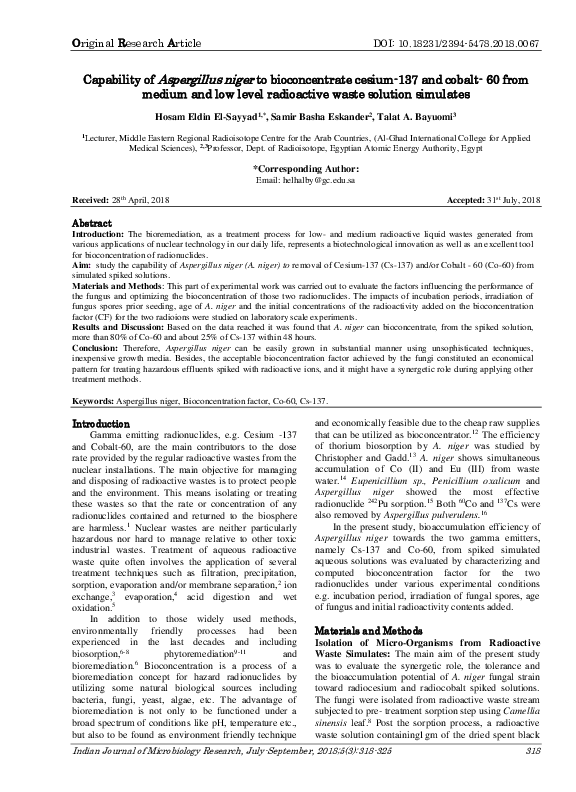 (PDF) Capability of Aspergillus niger to bioconcentrate cesium-137 and ...