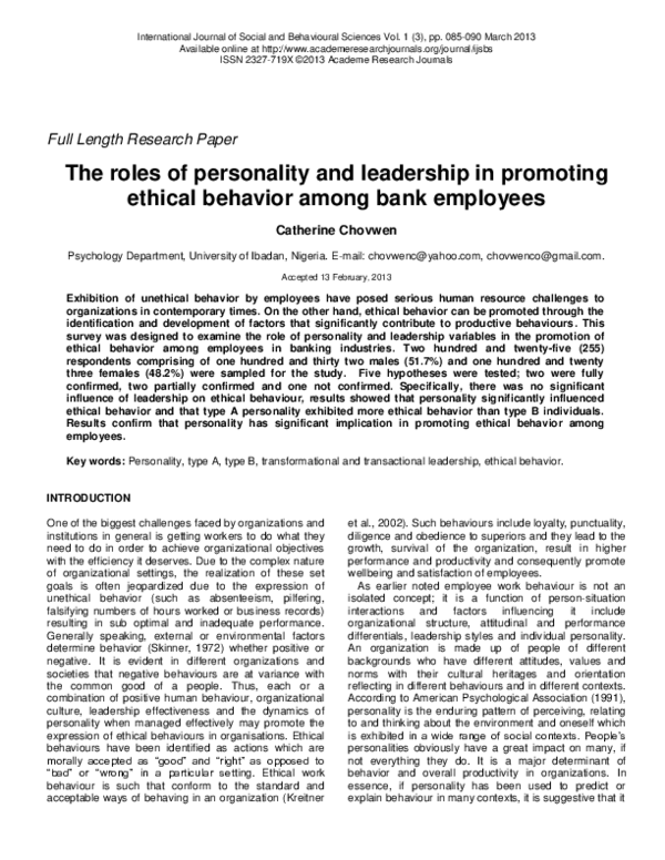 (PDF) The roles of personality and leadership in promoting ethical ...