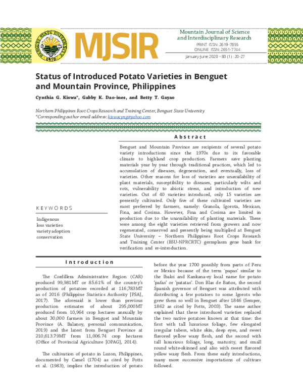 (PDF) Status of Introduced Potato Varieties in Benguet and Mountain ...