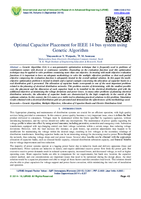 Pdf Optimal Capacitor Placement For Ieee 14 Bus System Using Genetic Algorithm