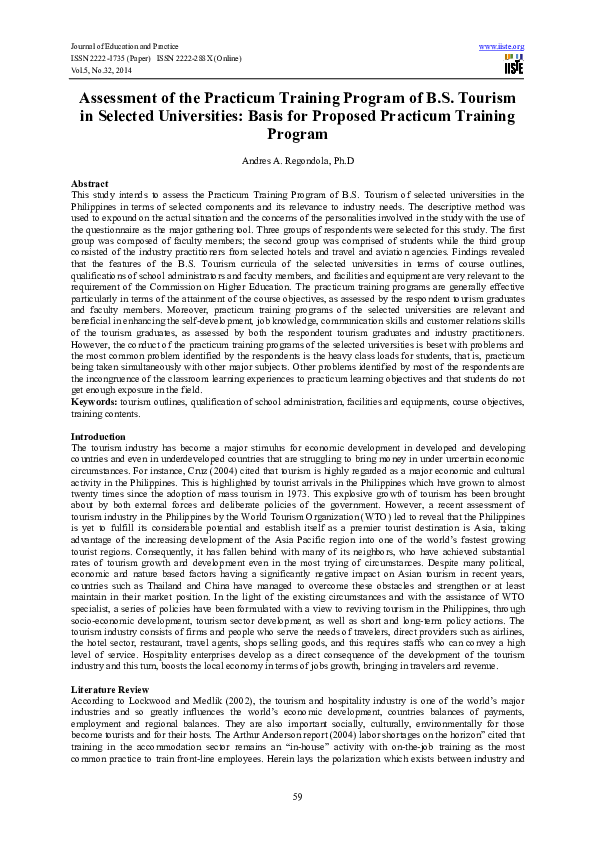 (PDF) Assessment of the Practicum Training Program of B.S. Tourism in Selected Universities ...