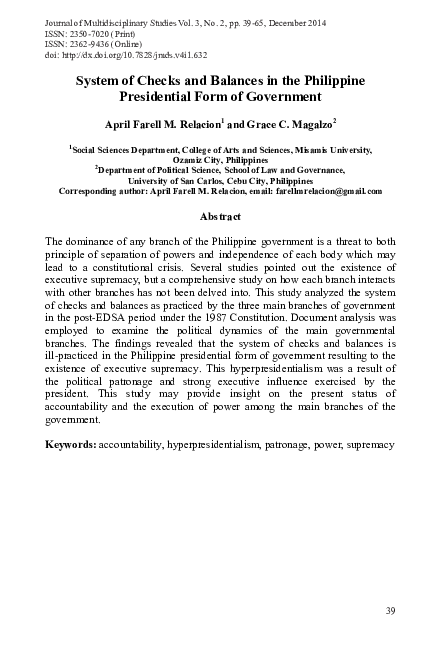 (PDF) System of Checks and Balances in the Philippine Presidential Form ...