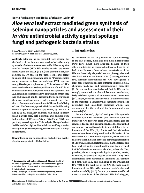 (PDF) Aloe vera leaf extract mediated green synthesis of selenium nanoparticles and assessment ...