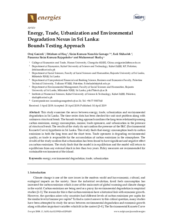 (PDF) Energy, Trade, Urbanization and Environmental Degradation Nexus in Sri Lanka: Bounds ...