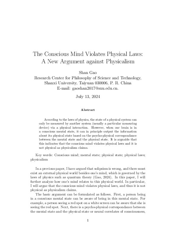 (PDF) The Conscious Mind Violates Physical Laws: A New Argument against ...