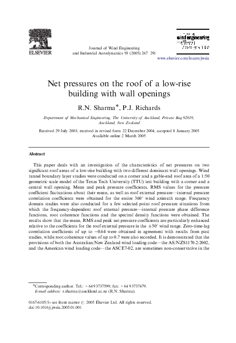 (PDF) Net pressures on the roof of a low-rise building with wall openings