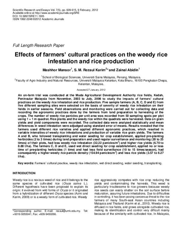(PDF) Effects of farmers’ cultural practices on the weedy rice ...