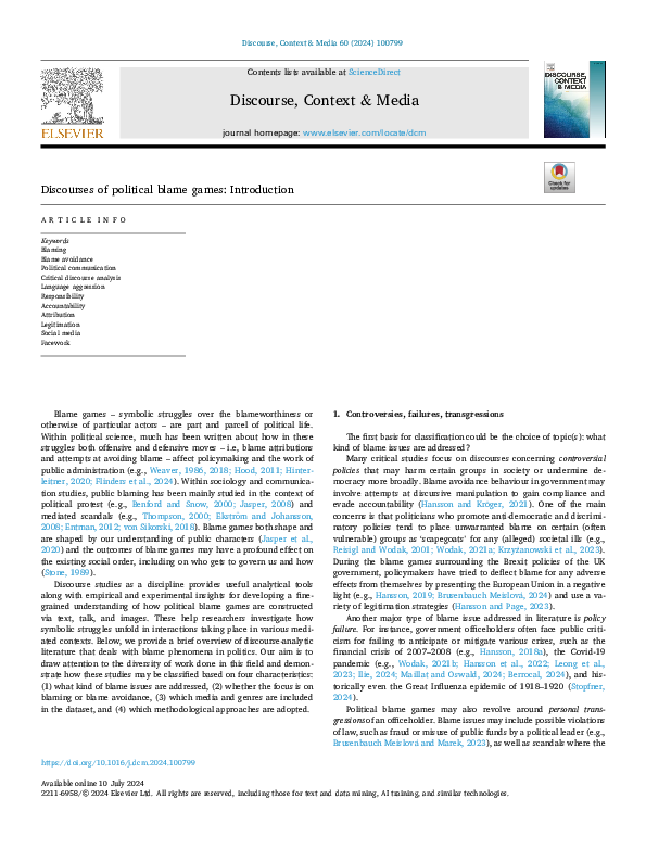 (PDF) Discourses of political blame games: Introduction (Discourse, Context & Media, 2024)