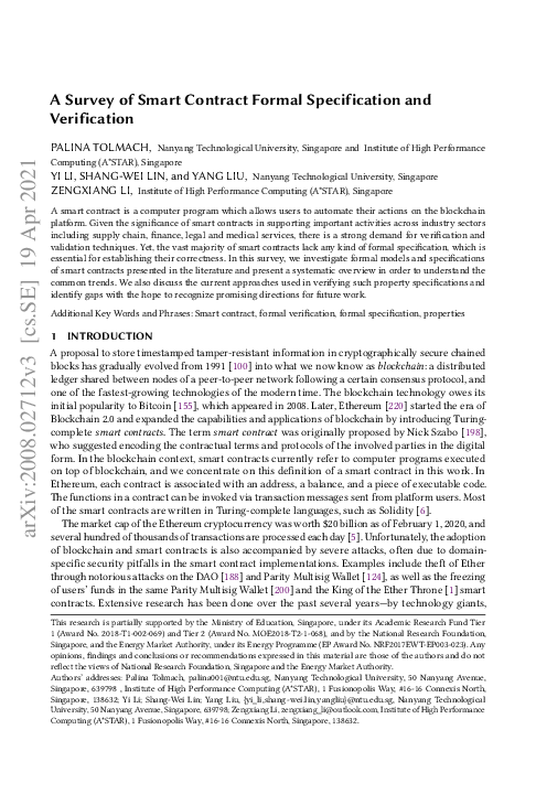 Pdf A Survey Of Smart Contract Formal Specification And Verification