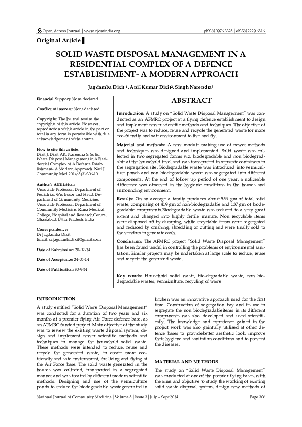 (PDF) SOLID WASTE DISPOSAL MANAGEMENT IN A RESIDENTIAL COMPLEX OF A ...