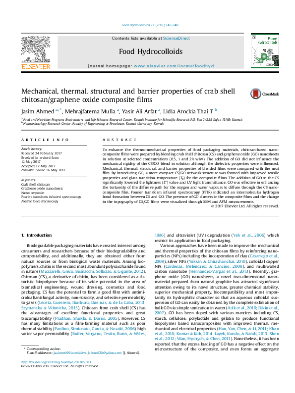 (PDF) Mechanical, thermal, structural and barrier properties of crab ...