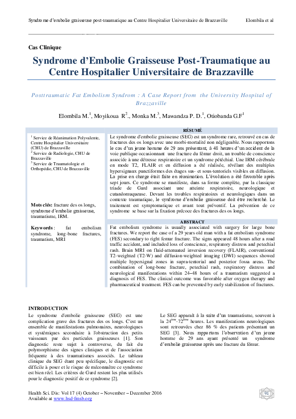 (PDF) Syndrome d’embolie graisseuse post-traumatique : Cas clinique au ...