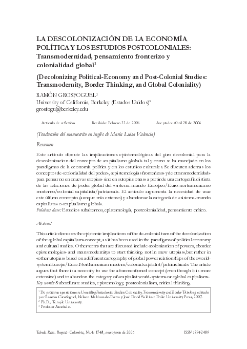 (PDF) Decolonizing Political-Economy and Post-Colonial Studies: Transmodernity, Border Thinking ...