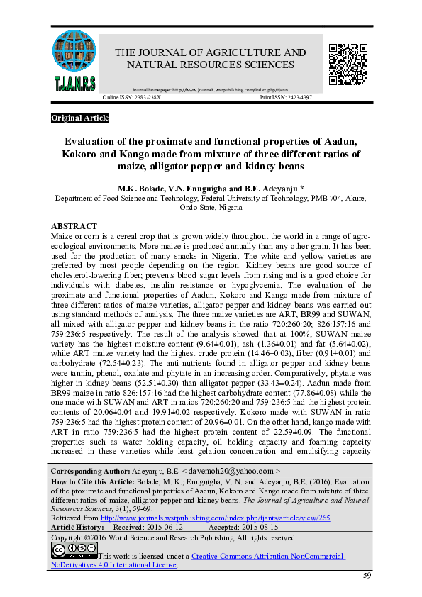 (PDF) Evaluation of the Proximate and Functional Properties of Aadun, Kokoro and Kango Made from ...