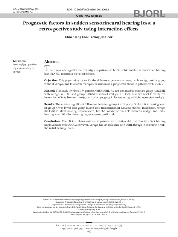 (PDF) Prognostic Factors in Sudden Sensorineural Hearing Loss: Our Experience and a Review of ...