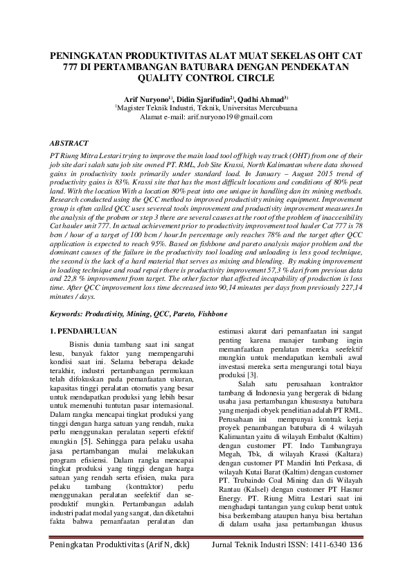 (PDF) Peningkatan Produktivitas Alat Muat Sekelas Oht Cat 777 DI ...