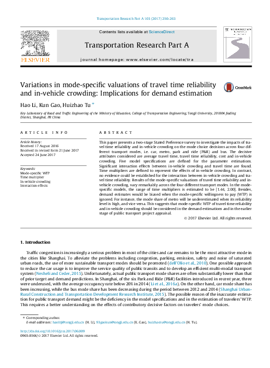 (PDF) Variations in mode-specific valuations of travel time reliability and in-vehicle crowding ...