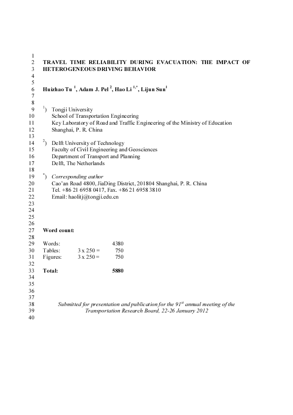 (PDF) Travel Time Reliability during Evacuation: Impact of Heterogeneous Driving Behavior