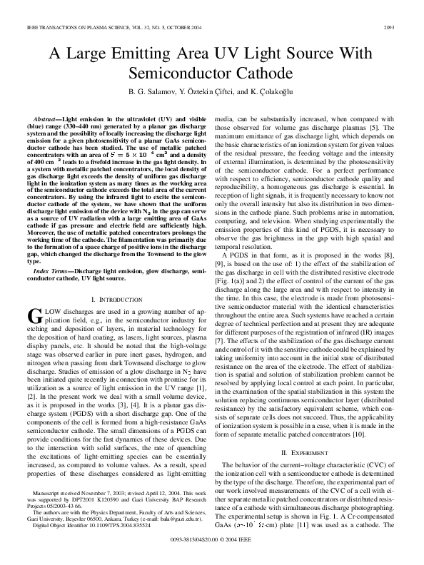 (PDF) A Large Emitting Area UV Light Source With Semiconductor Cathode