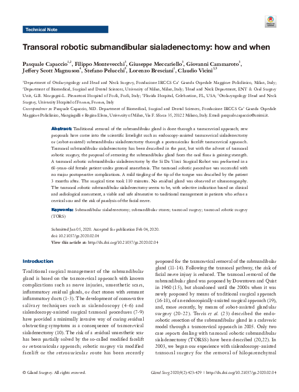 (PDF) Transoral robotic submandibular sialadenectomy (TORSS)