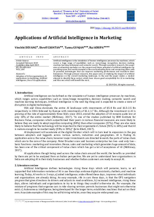 (PDF) Applications of Artificial Intelligence in Marketing