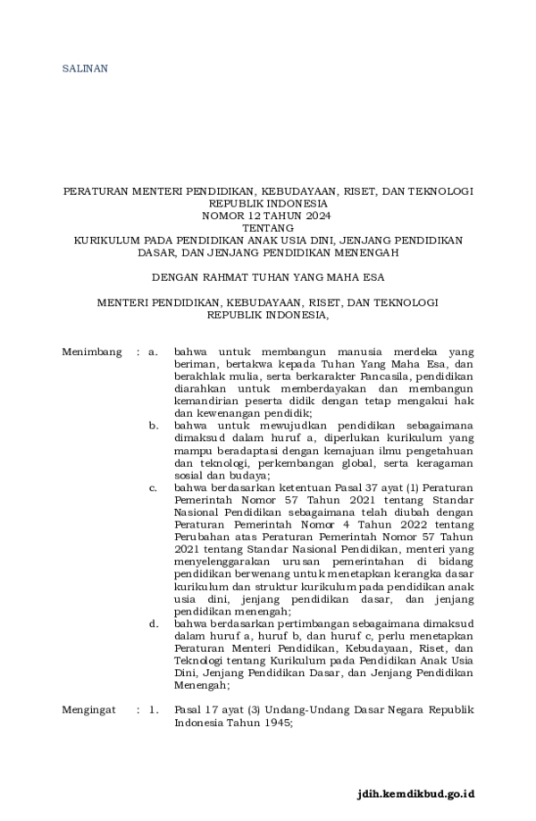 (PDF) PERATURAN MENTERI PENDIDIKAN, KEBUDAYAAN, RISET, DAN TEKNOLOGI REPUBLIK INDONESIA NOMOR 12 ...