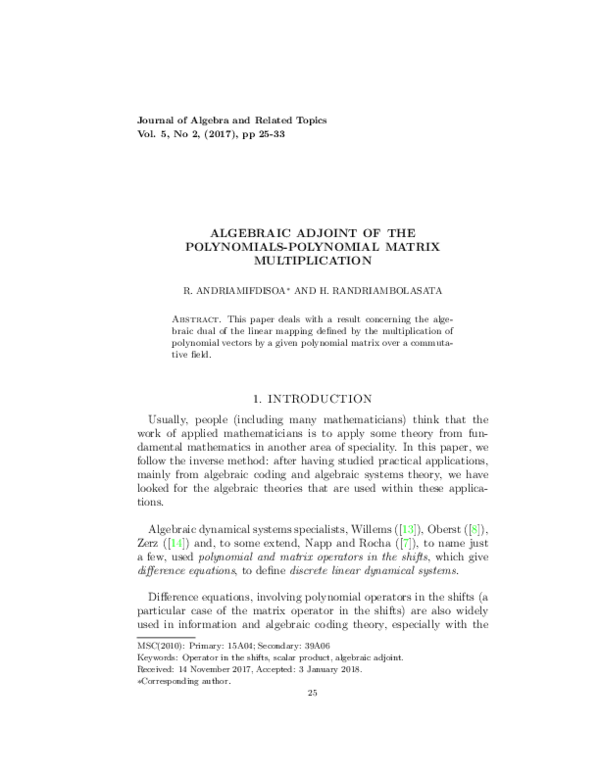 (PDF) Algebraic adjoint of the polynomials-polynomial matrix multiplication